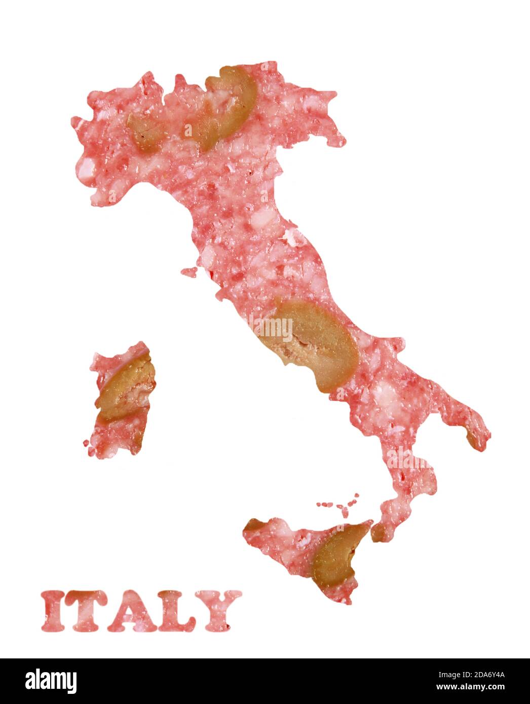 Vertical shot of a beef salami shaped like a Denmark map isolated on ...