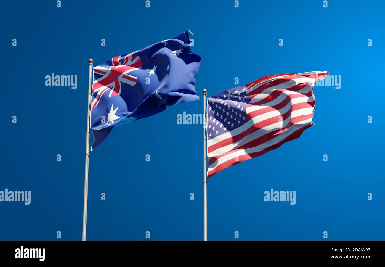 Beautiful national state flags of USA and Australia together at the sky ...