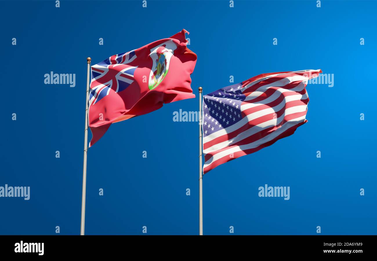 Beautiful national state flags of USA and Bermuda together at the sky ...