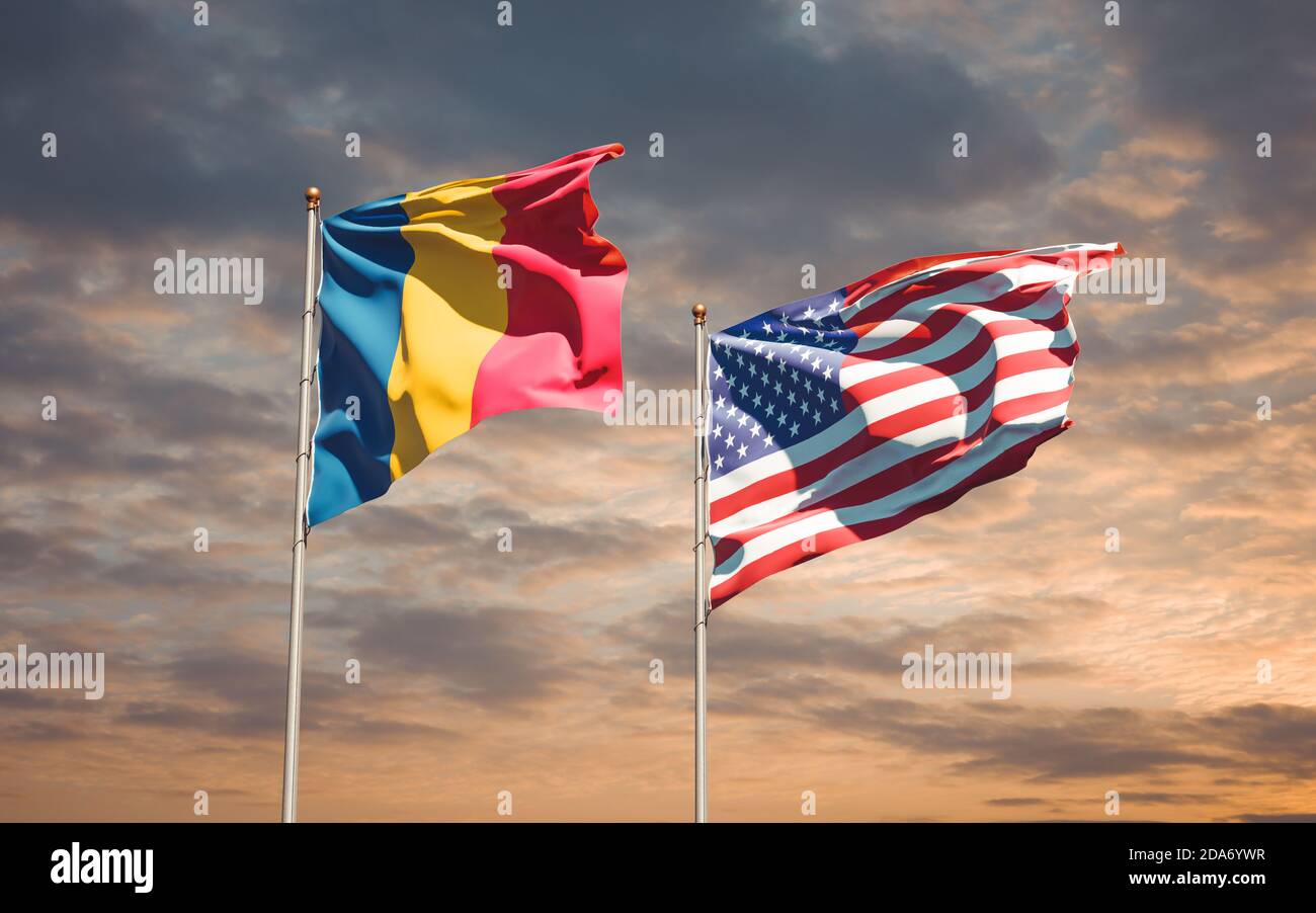 Beautiful national state flags of USA and Chad together at the sky ...