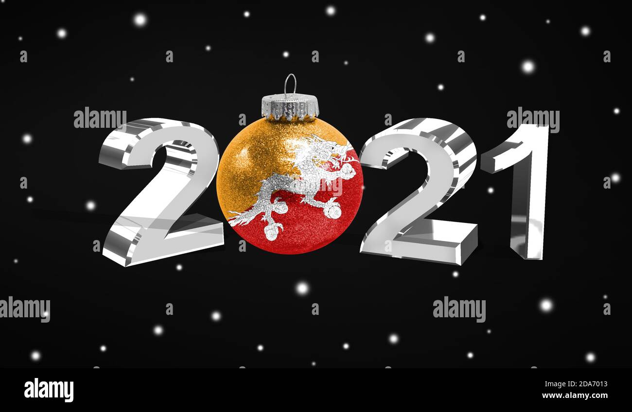 Happy new Year 2021, flag of Butane on a christmas toy, decorations ...