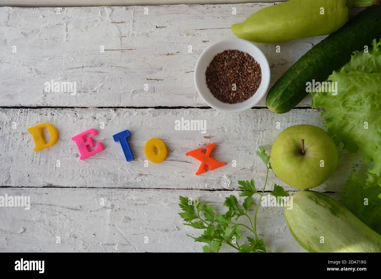 Word detox is made from colored letters. chia seeds. Green smoothies ...