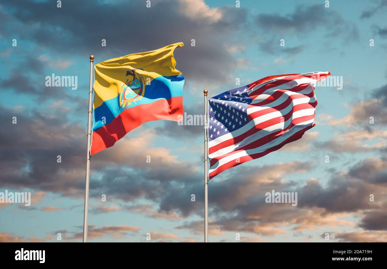 Beautiful national state flags of Ecuador and USA together at the sky ...