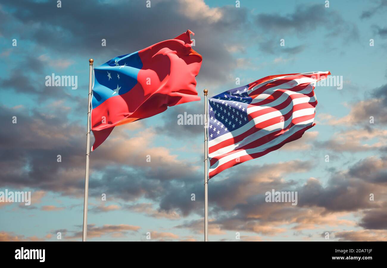 Beautiful national state flags of Samoa and USA together at the sky ...