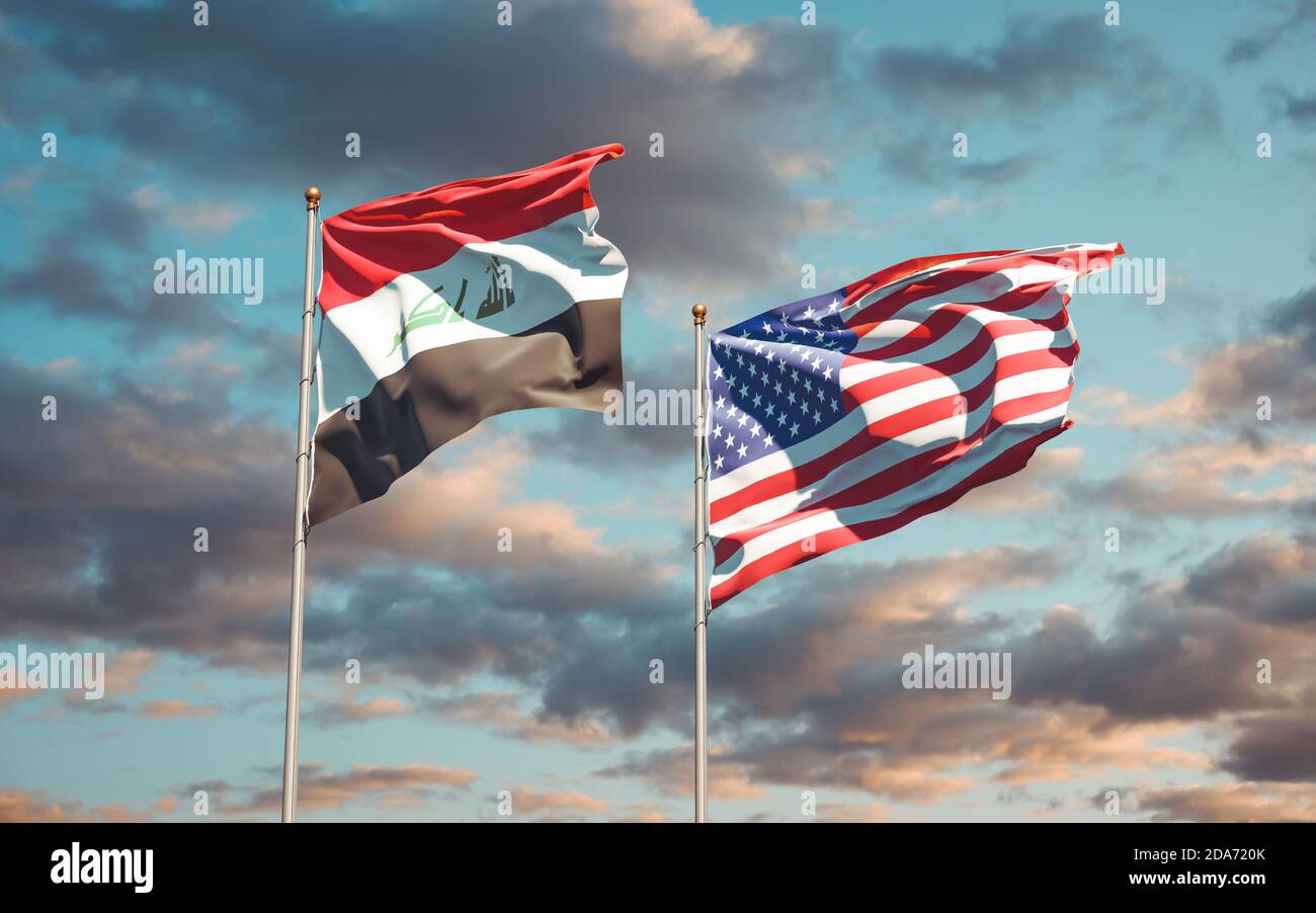 Beautiful national state flags of Iraq and USA together at the sky ...