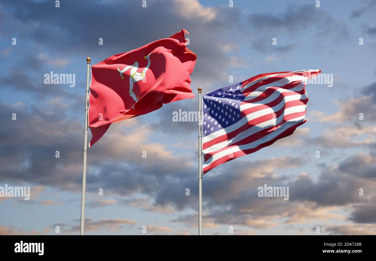 Beautiful national state flags of Isle of Mann and USA together at the ...