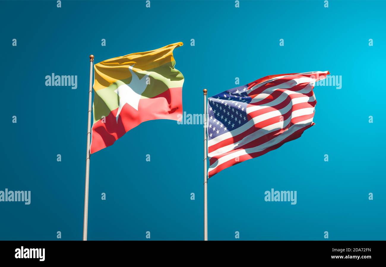 Beautiful national state flags of Myanmar and USA together at the sky ...
