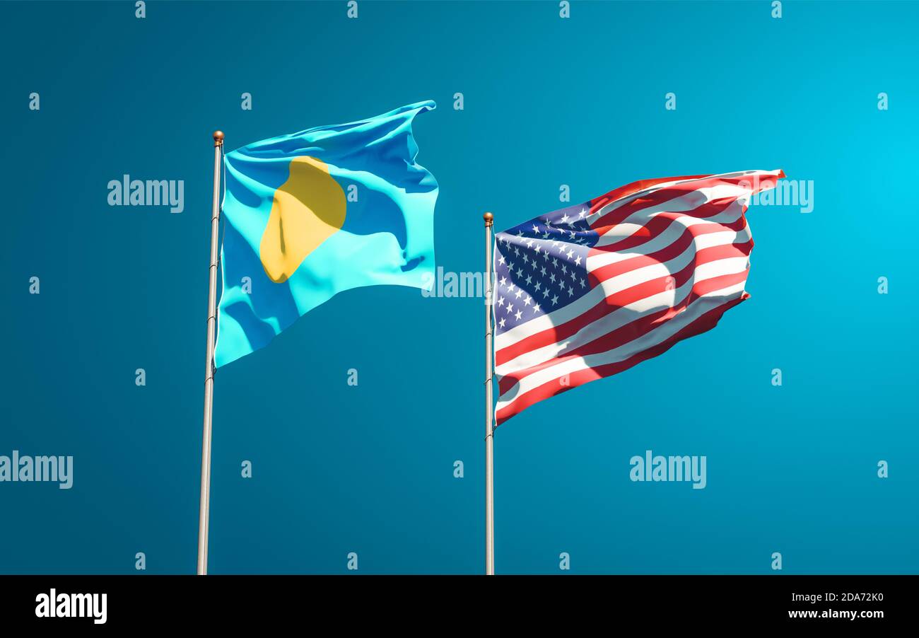 Beautiful national state flags of Palau and USA together at the sky ...