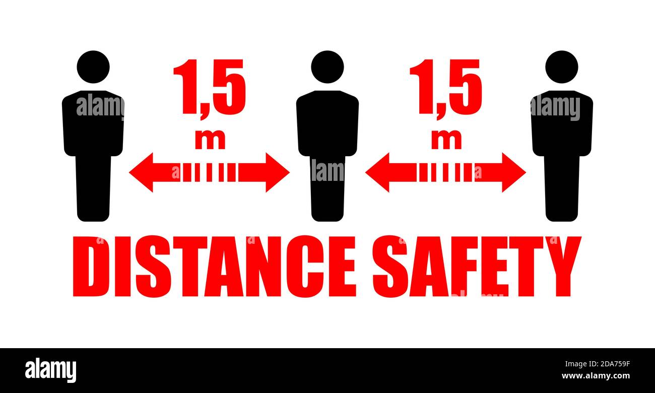 Keep safe social distance of 1.4 m. Warning sign on the front door ...