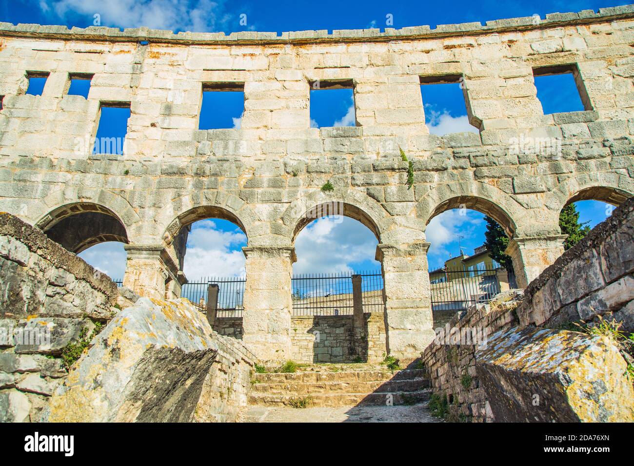 Ancient heritage in Pula, Istria, Croatia. Arches of monumental Roman ...