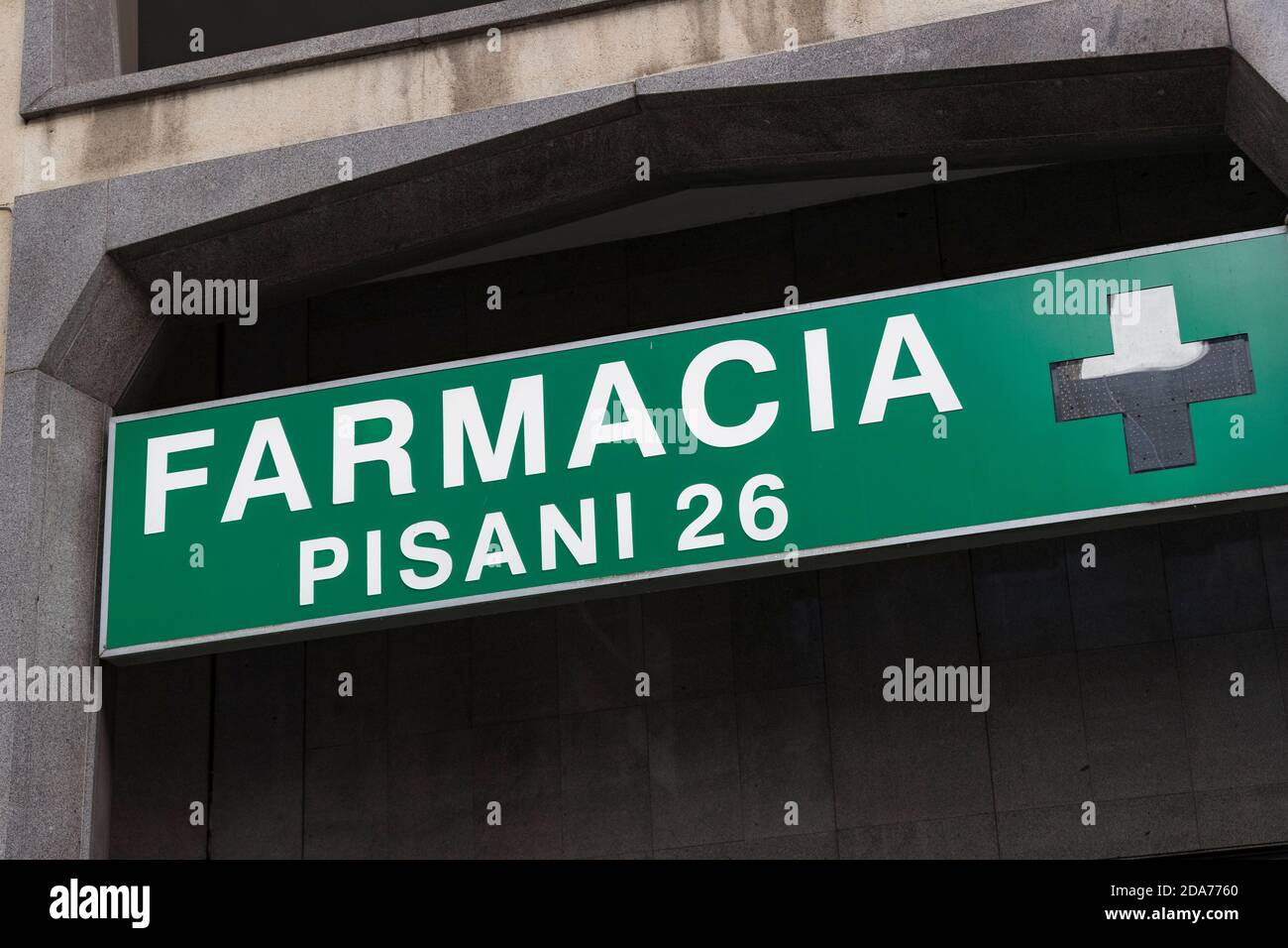 4 JUNE 2018, MILAN, ITALY: Signs of pharmacies on the streets of Milan ...