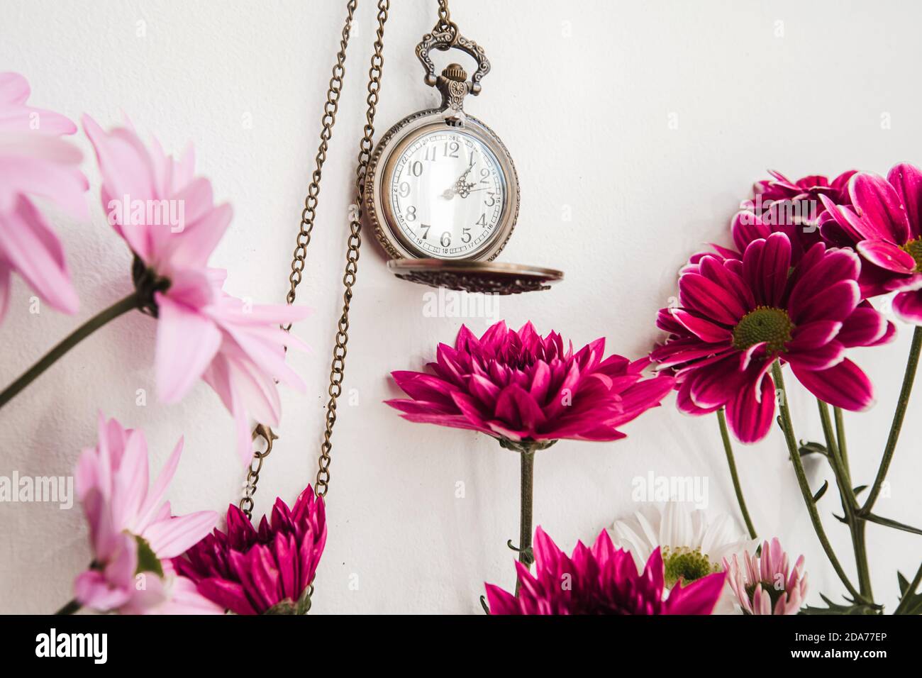 old round vintage watch on a chain among flowers in the interior Stock ...
