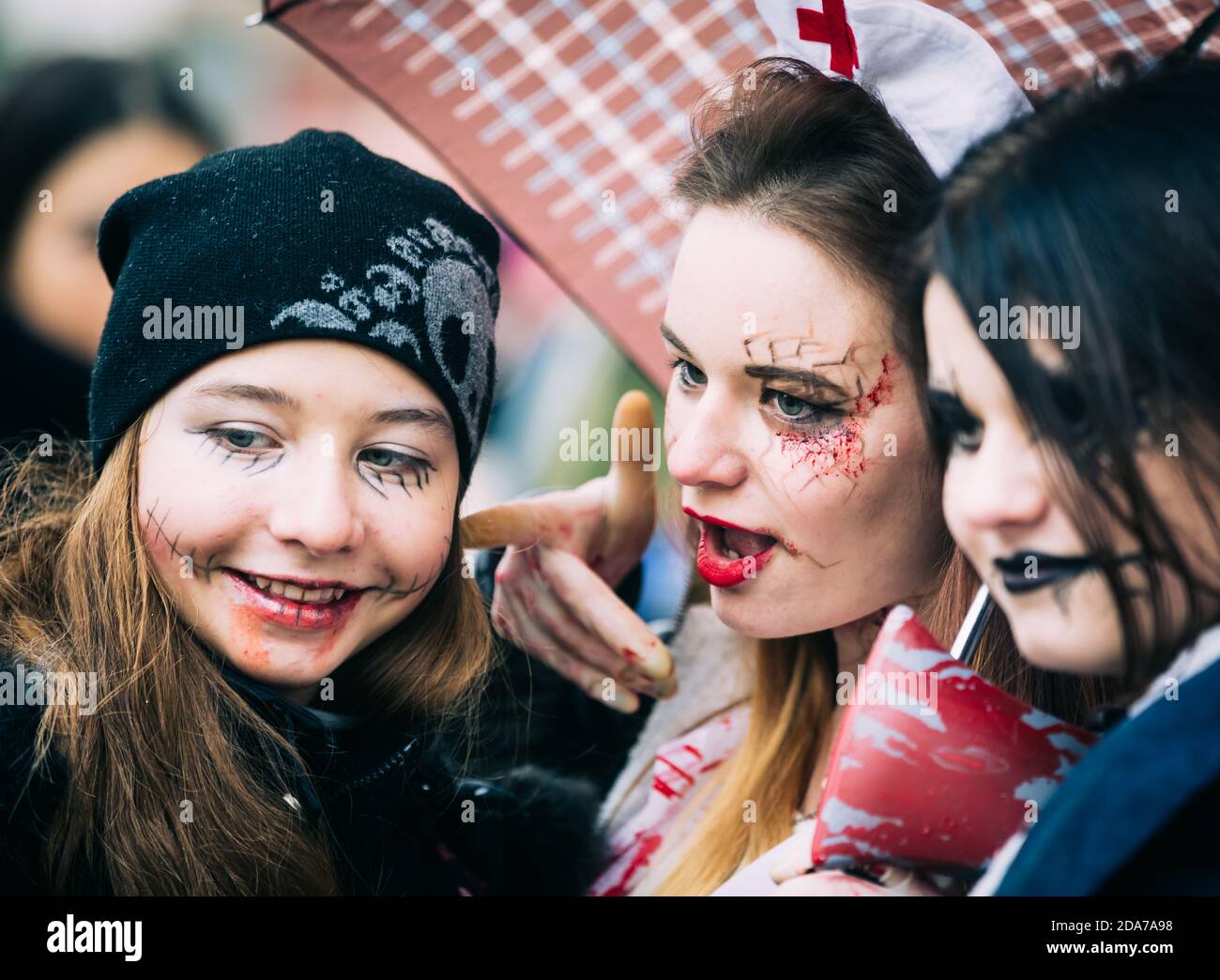 KIEV, UKRAINE - Oct 30, 2016: Zombie Walk. Young people taking part in ...