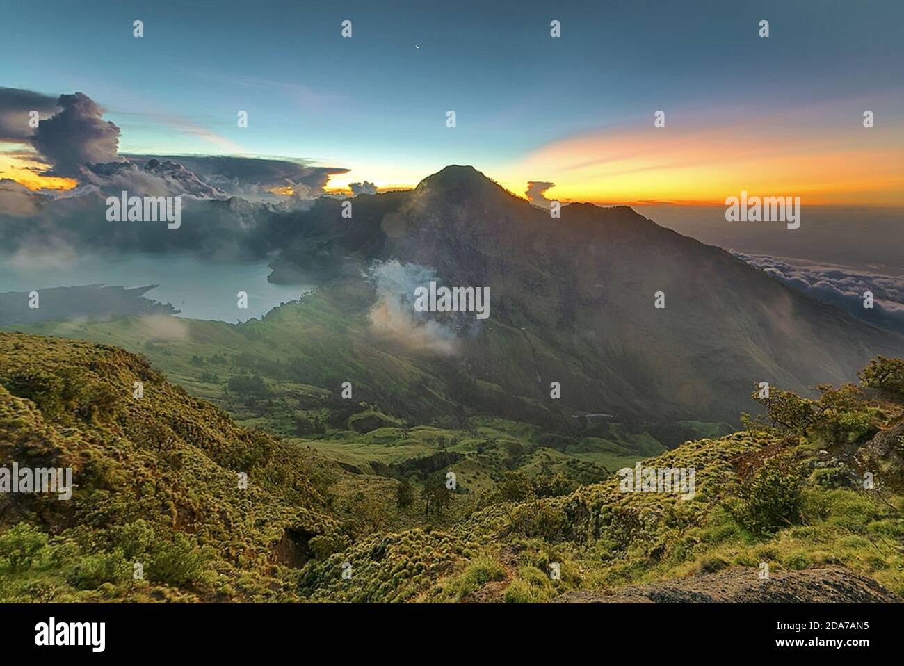 Mount Rinjani (or Gunung Rinjani) landscape at crater rim overlooking ...