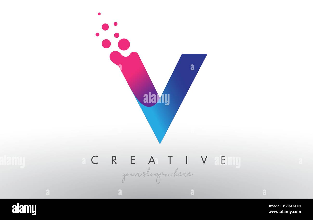 V Letter Design with Creative Dots Bubble Circles and Blue Pink Colors ...