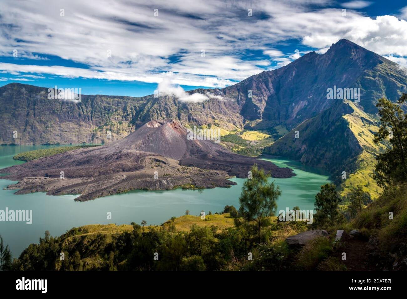 Mount Rinjani (or Gunung Rinjani) landscape at crater rim overlooking ...