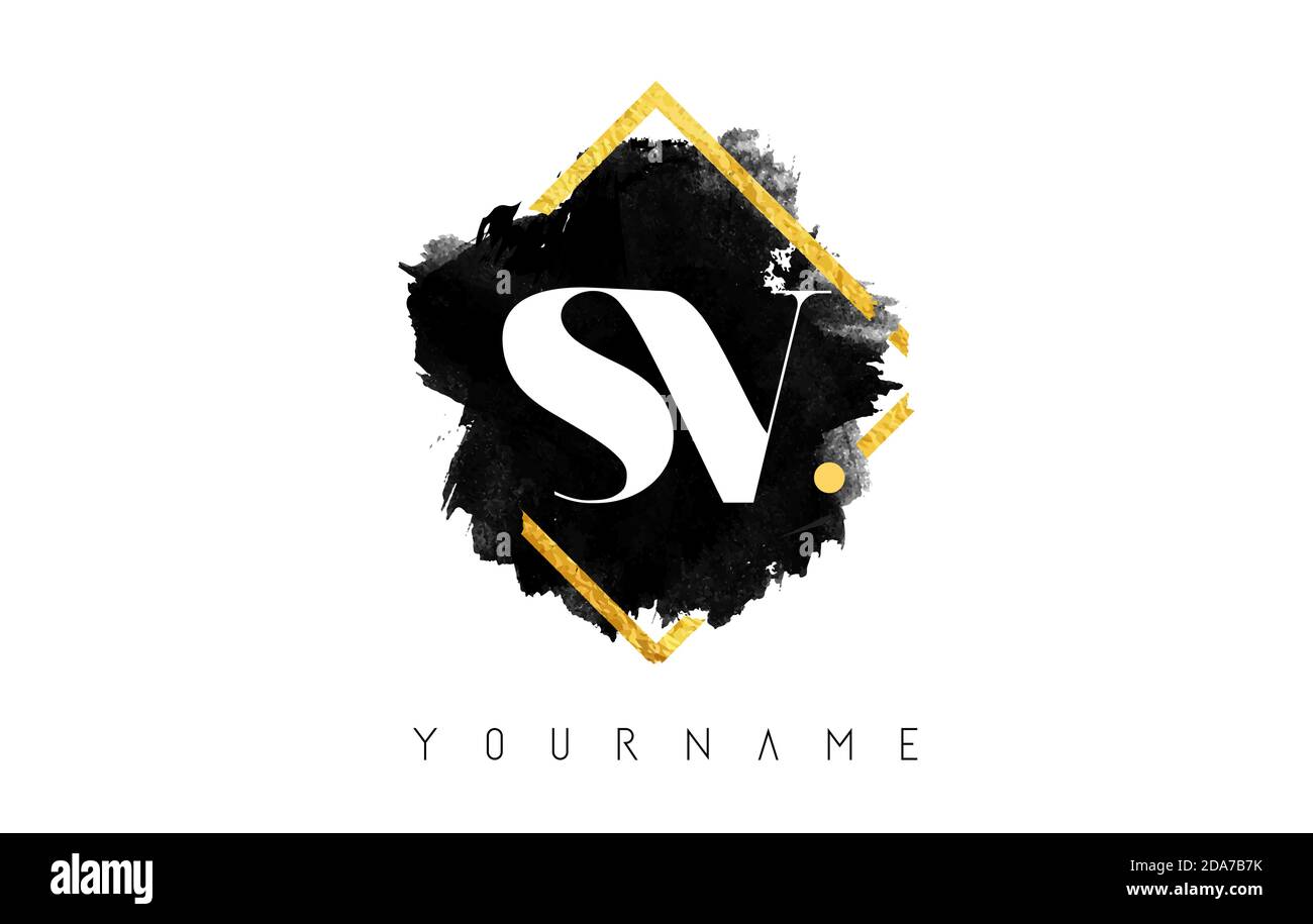 SV S V Letters Logo Design with Black ink Stroke over Golden Square ...