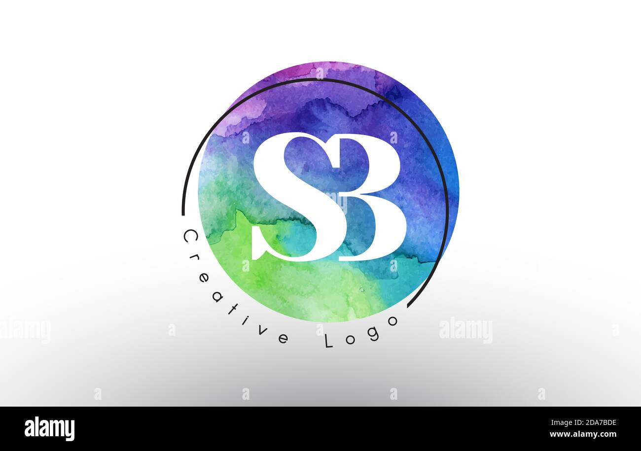 Watercolor SB S B letters Logo Design with Blue Green Purple Colors and Circular Brush Pattern ...