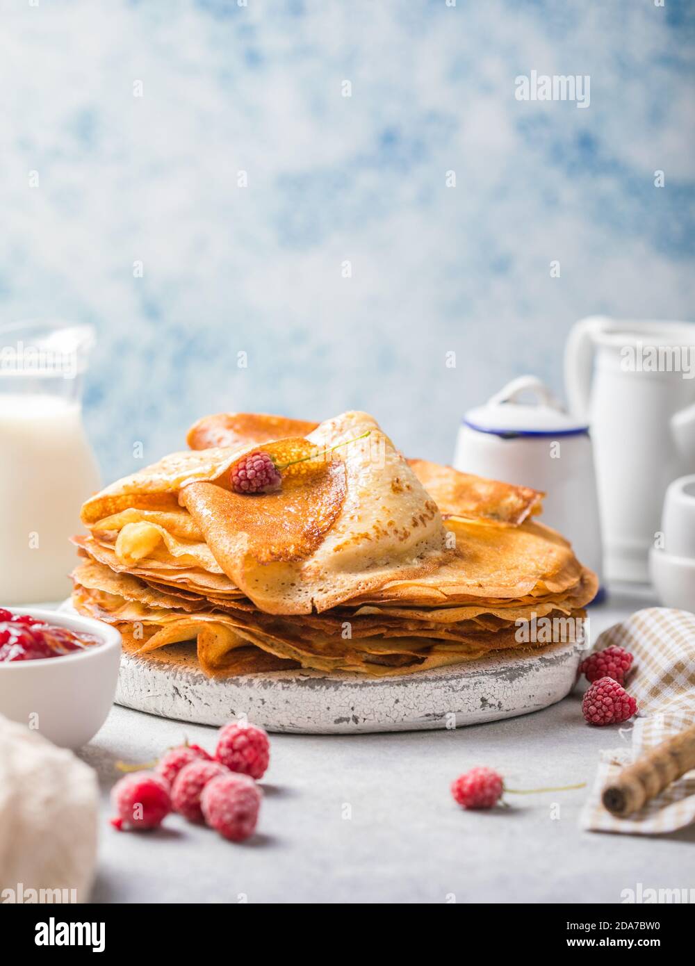 Homemade recipe of thin crepes (Blini) for breakfast or dessert Stock ...