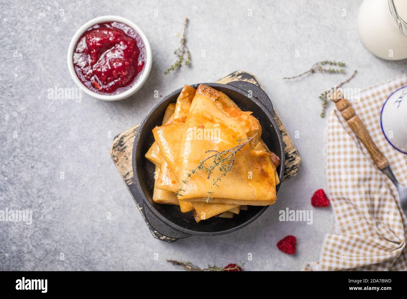 Homemade recipe of thin crepes (Blini) for breakfast or dessert Stock ...