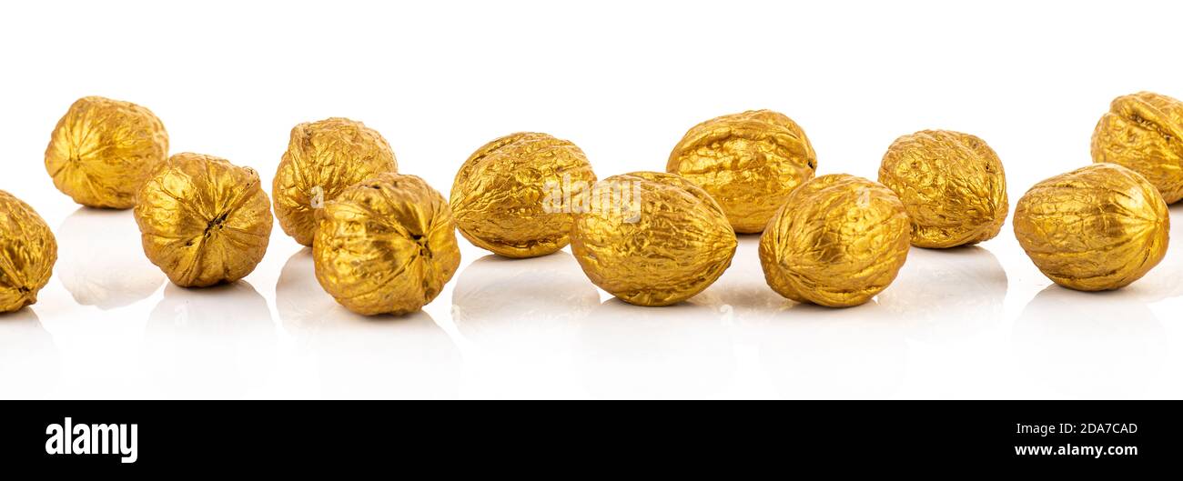 golden walnuts as border or banner, isolated on white background Stock ...