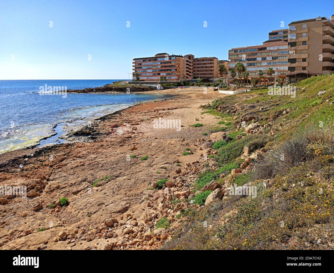 Coastal residential houses, calm Mediterranean Sea view. Alicante ...
