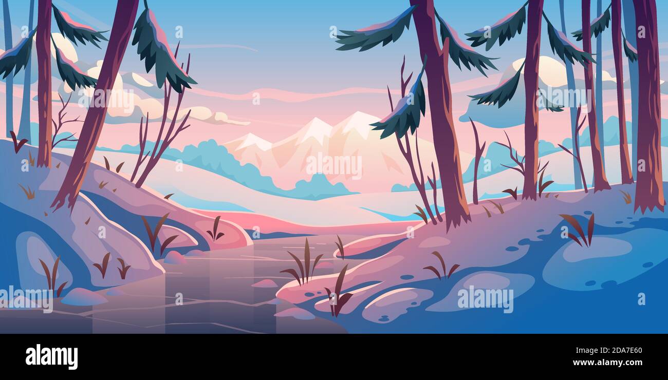 Winter forest with frozen river. Nature landscape background with ...