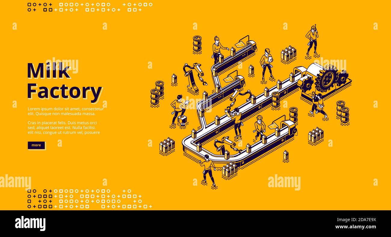 Milk factory with conveyor belt, people, dairy product and automated ...