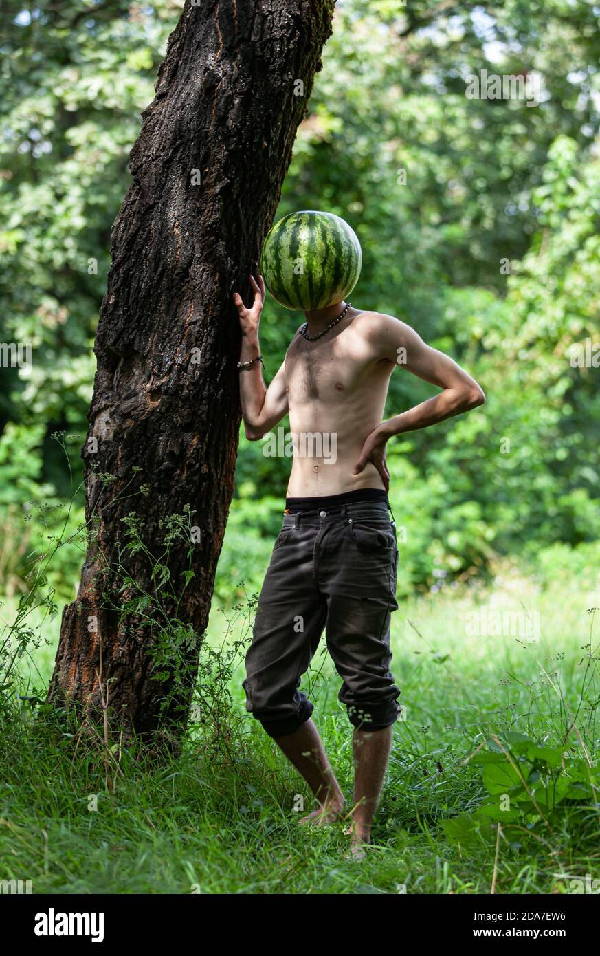 Organic food and healthy lifestyle concept. Humorous ironic photo of a ...