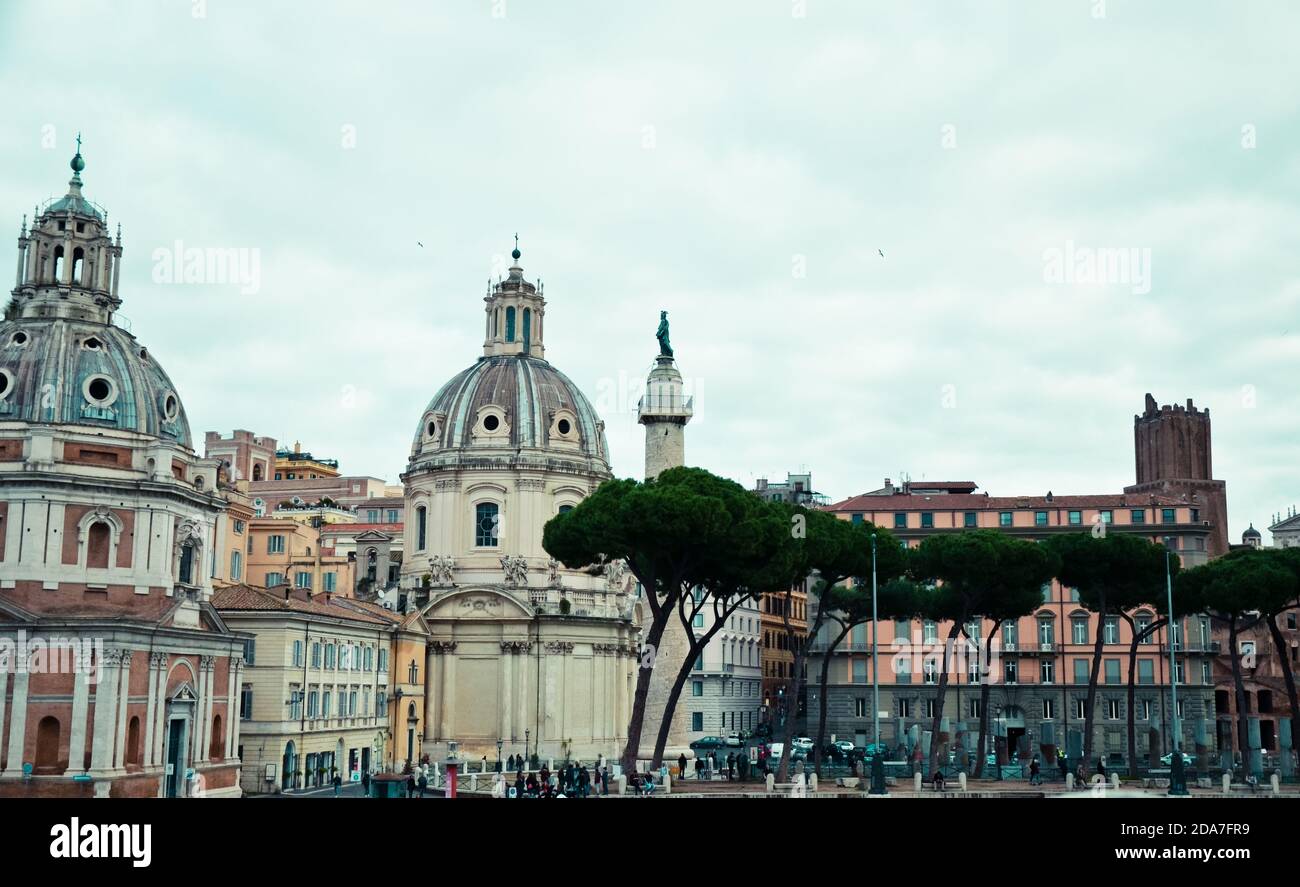 Trajan Column, Catholic churches and pine trees at Piazza Venezia, Rome ...