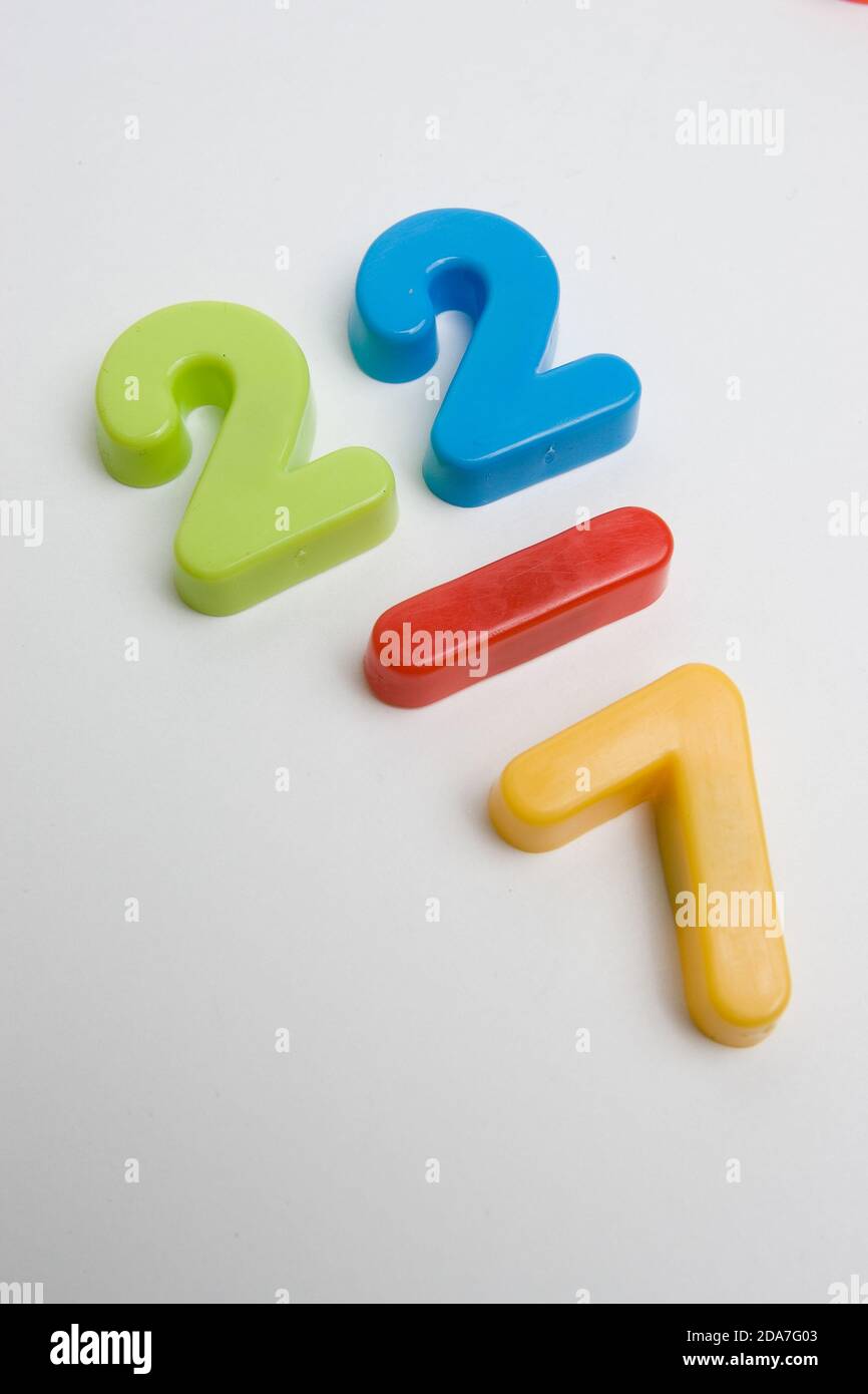 Colourful plastic fridge magnet style numbers and symbols still life ...