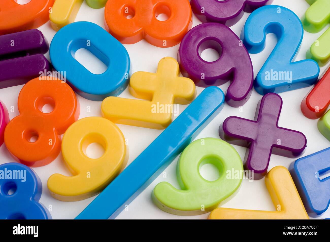 Colourful plastic fridge magnet style numbers and symbols still life ...