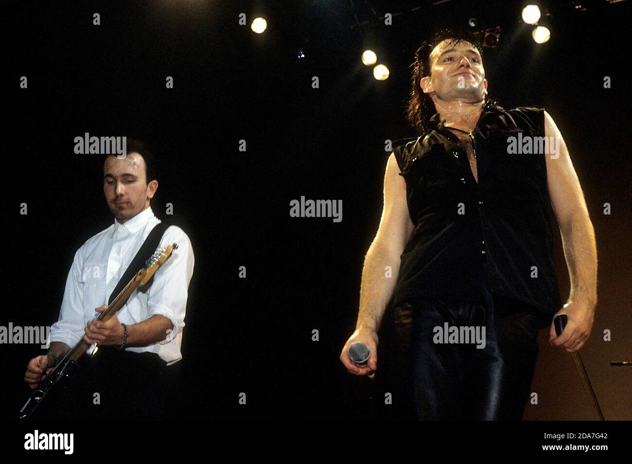 The Edge and Bono from U2 live at a concert on the 'The Unforgettable ...