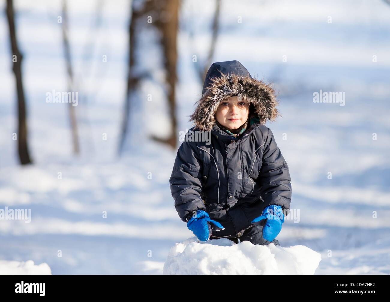 Cute boy in a winter jacket, playing with snow Stock Photo - Alamy