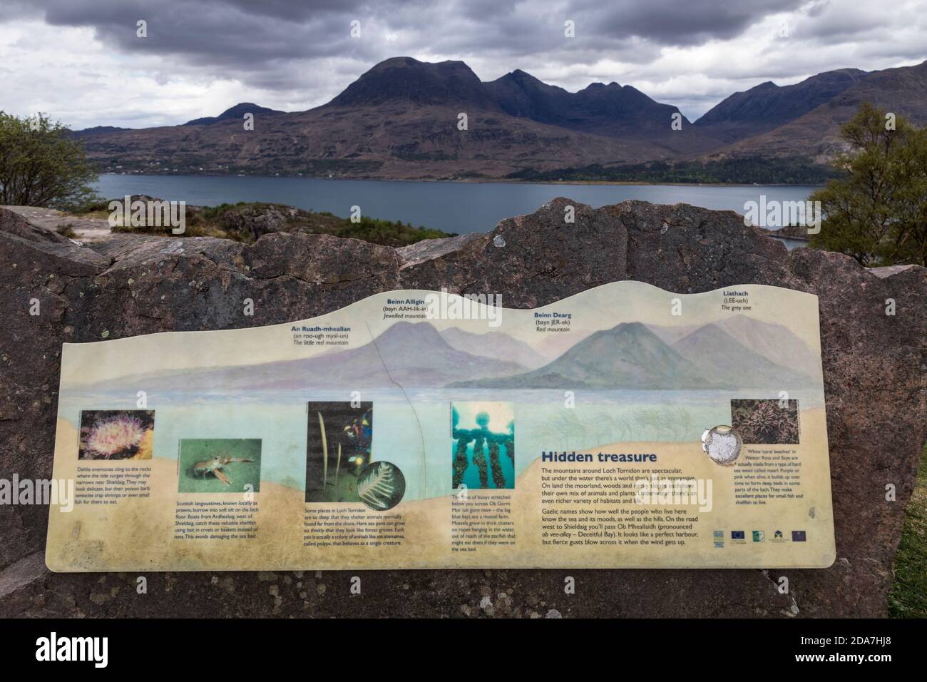 A tourist panel illustrates the local wildlife and mountain names in ...