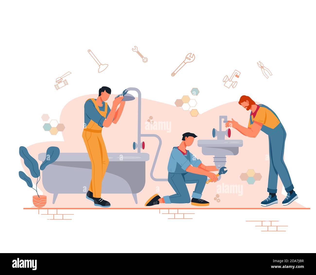 Plumbers male characters fixing pipeline, flat vector illustration ...