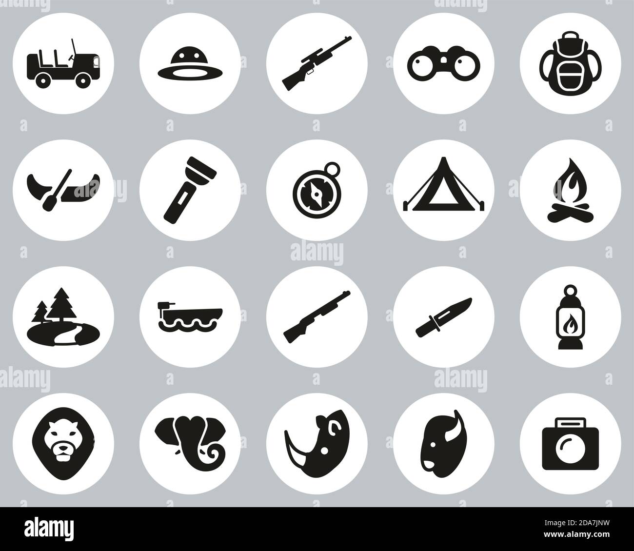 Safari Or Hunting Icons Black & White Flat Design Circle Set Big Stock ...