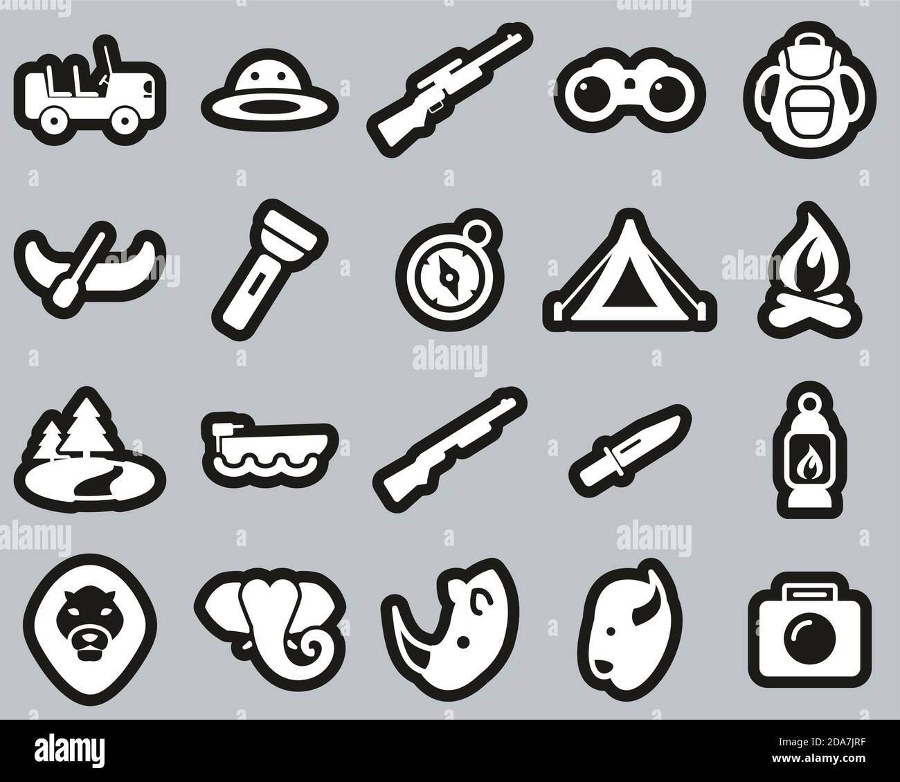 Safari Or Hunting Icons White On Black Sticker Set Big Stock Vector ...