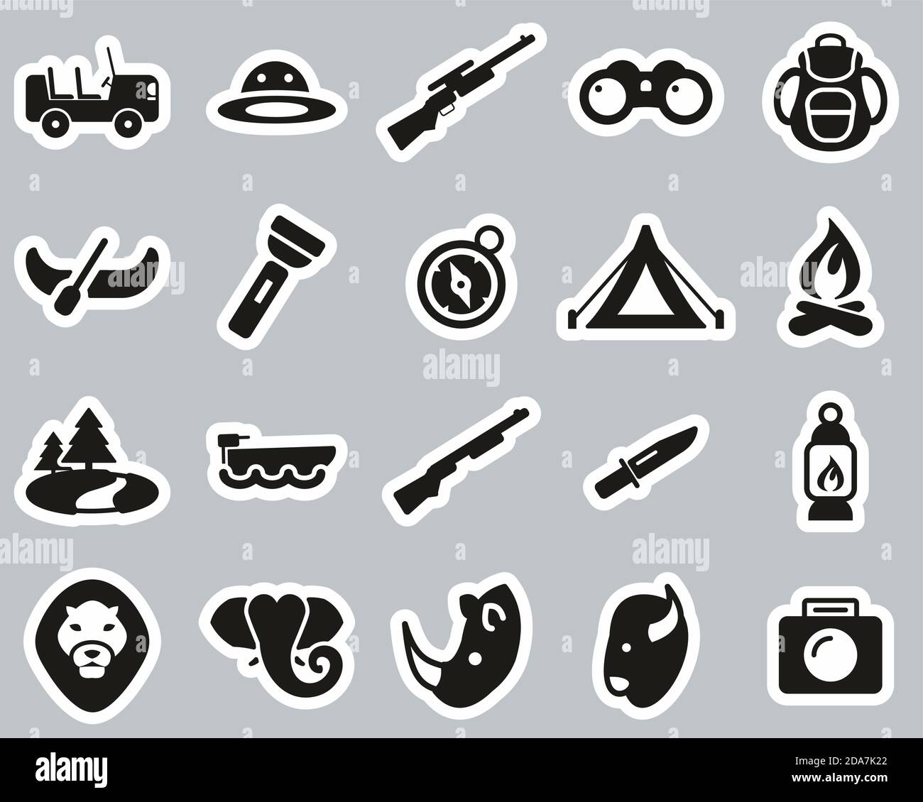 Safari Or Hunting Icons Black & White Sticker Set Big Stock Vector ...