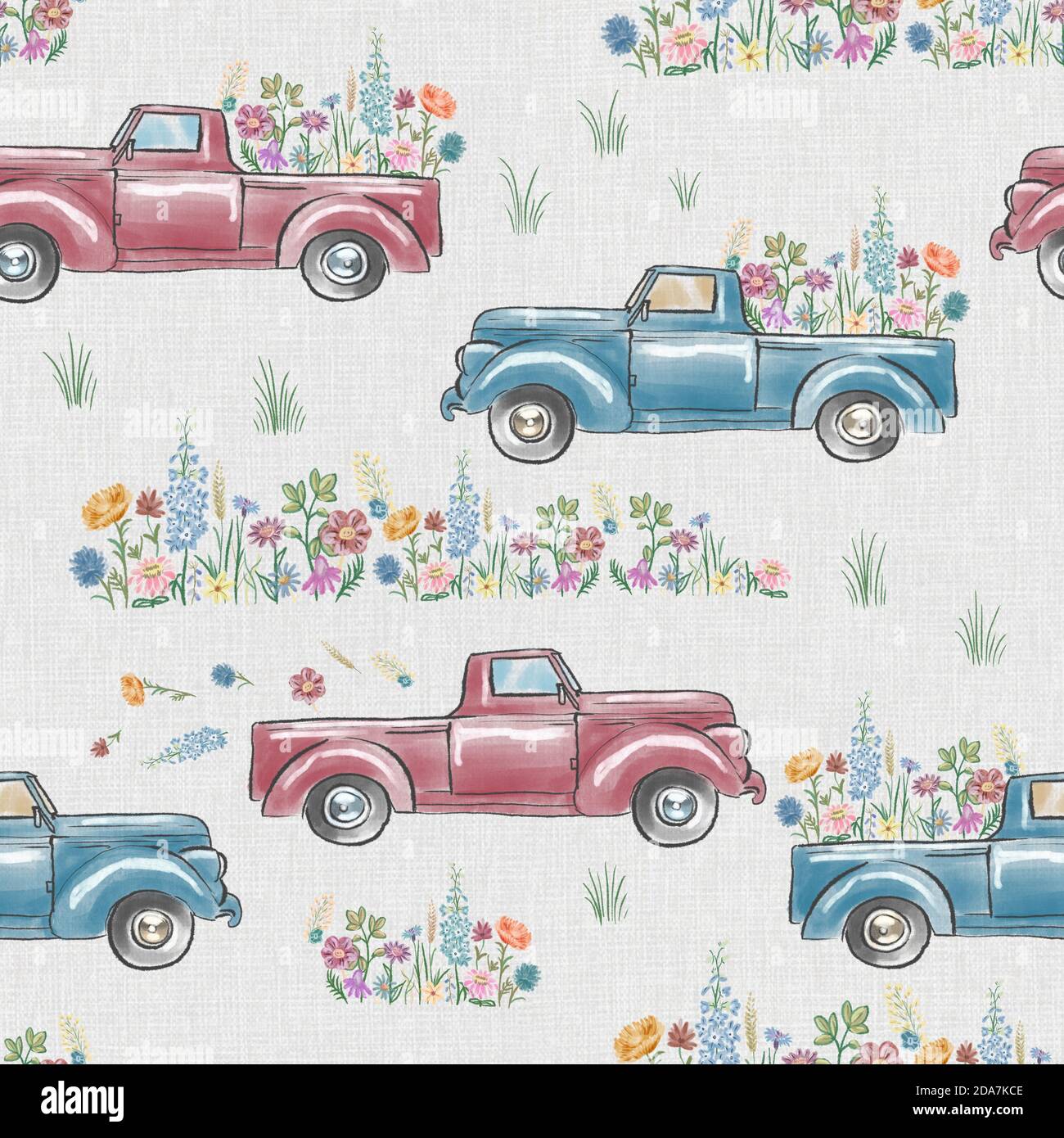 cars with flowers in the back vintage style seamless pattern art Stock ...
