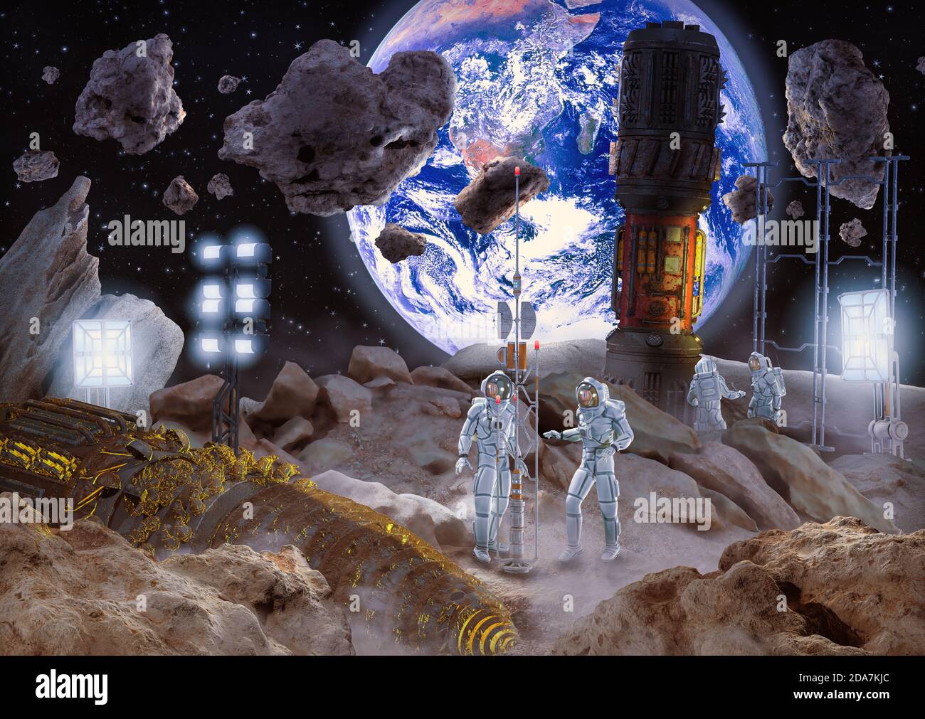 Concept of asteroid mining in space for rare raw materials , 3d render ...