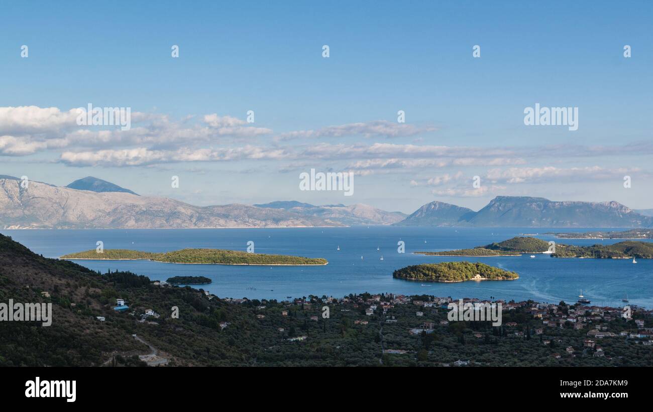 Panoramic view of Nidri town, Lefkada, Greece. High angle view of Nydri ...