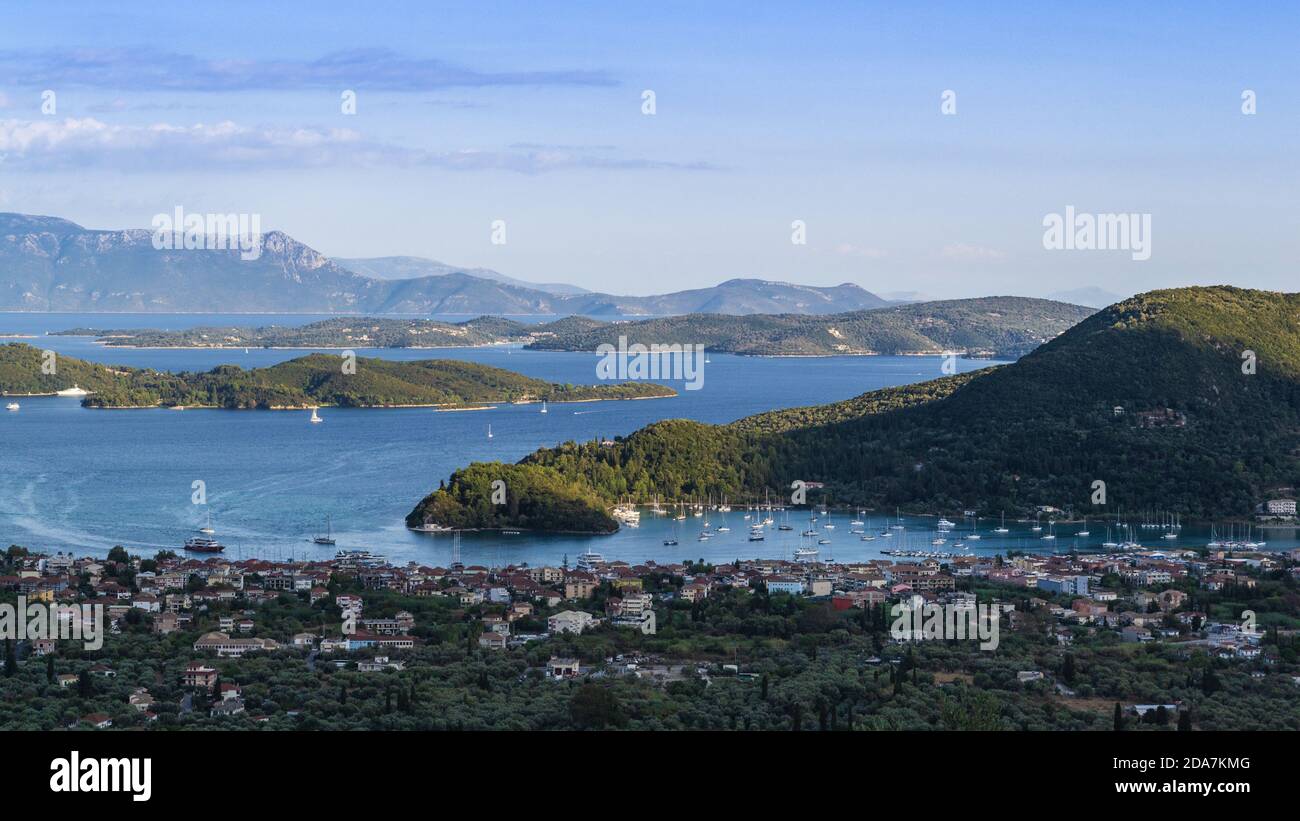 Panoramic view of Nidri town, Lefkada, Greece. High angle view of Nydri ...