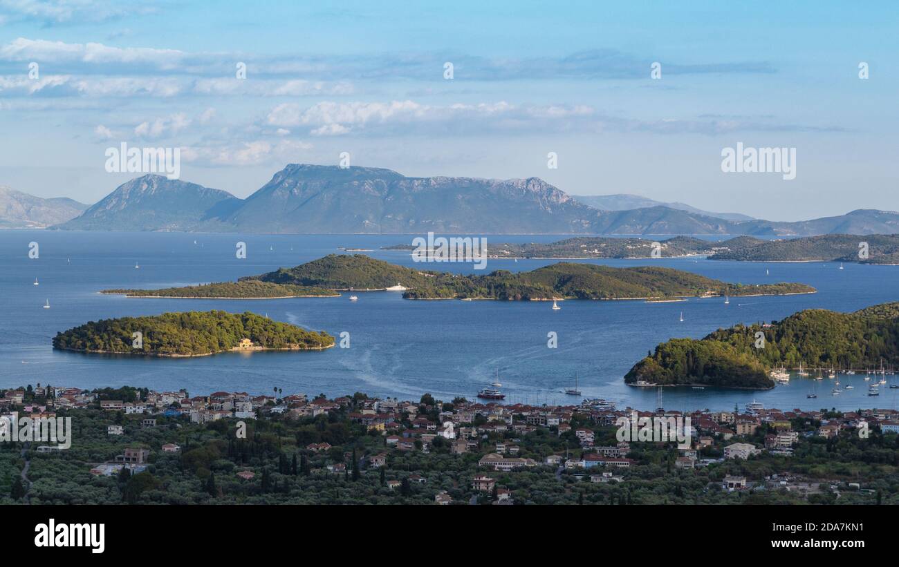 Panoramic view of Nidri town, Lefkada, Greece. High angle view of Nydri ...