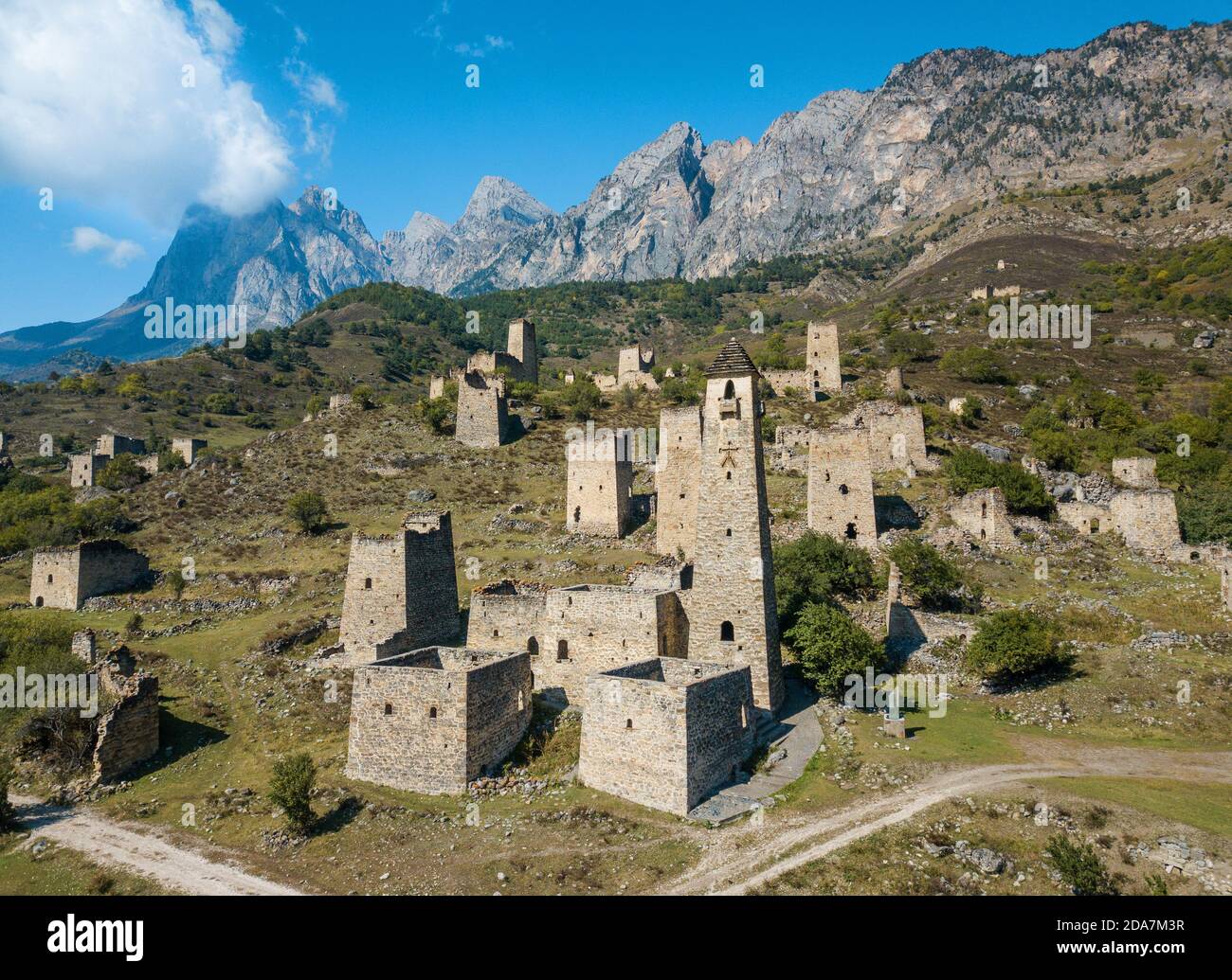Aerial view of medieval ancient stone battle tower complex in the ...