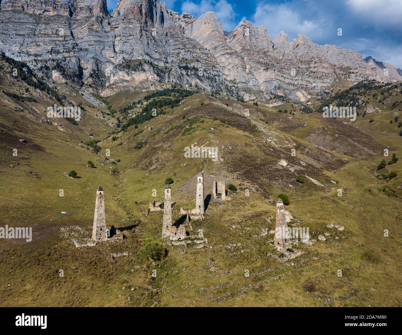 Aerial view of medieval ancient stone battle tower complex in the ...