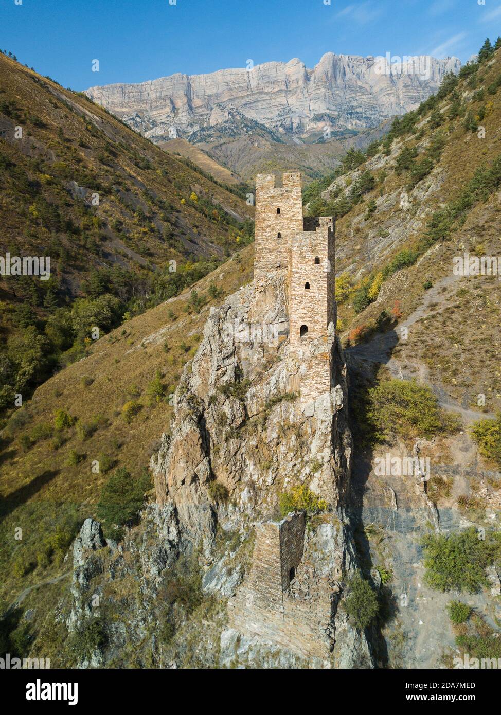 Aerial view of medieval ancient stone battle tower complex in the ...