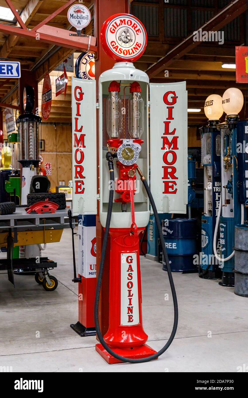 Vintage manual hand-cranked Gilmore Gasoline pump on display at the ...