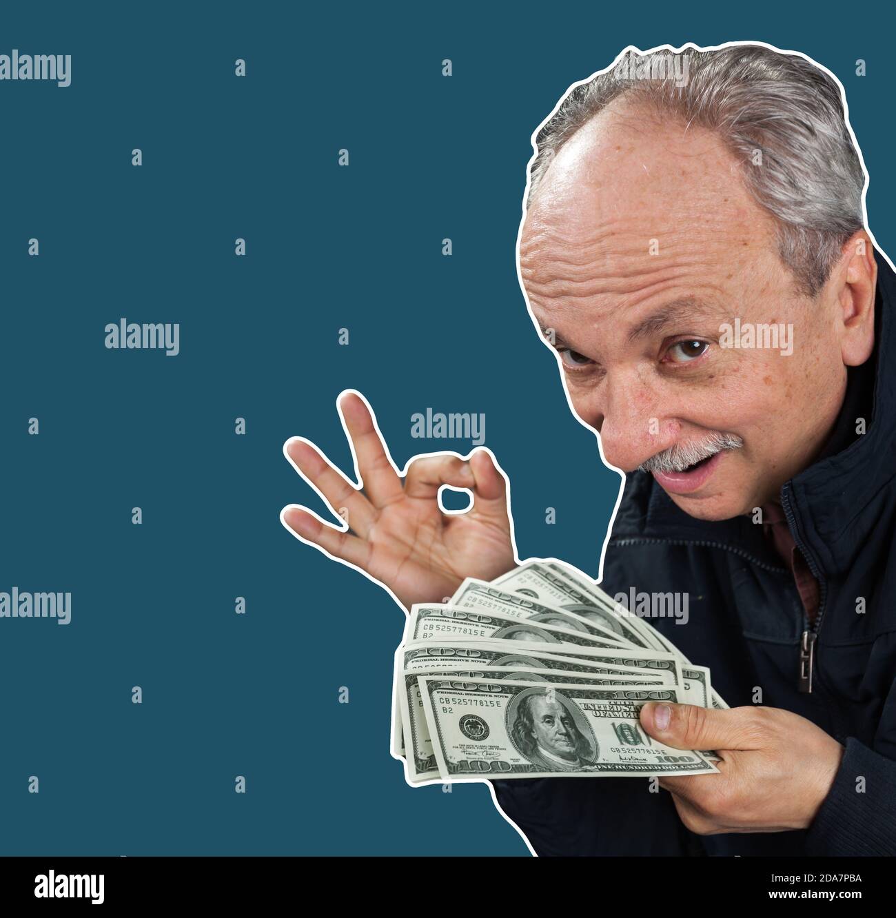 Senior gentleman holding a stack of money. Portrait of an excited old ...