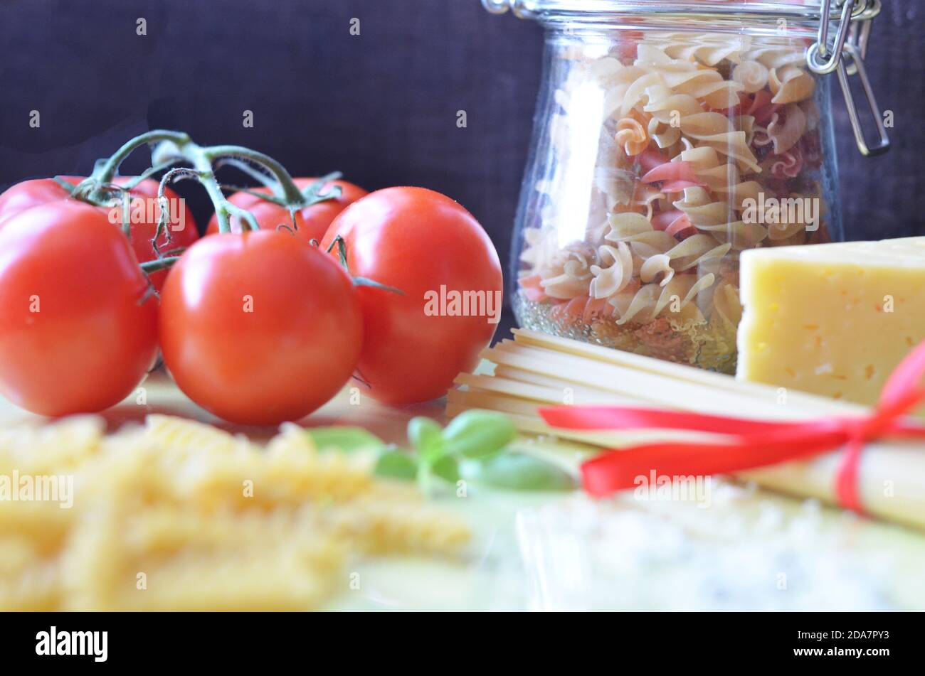 composition of healthy food ingredients on yellow white background, top ...